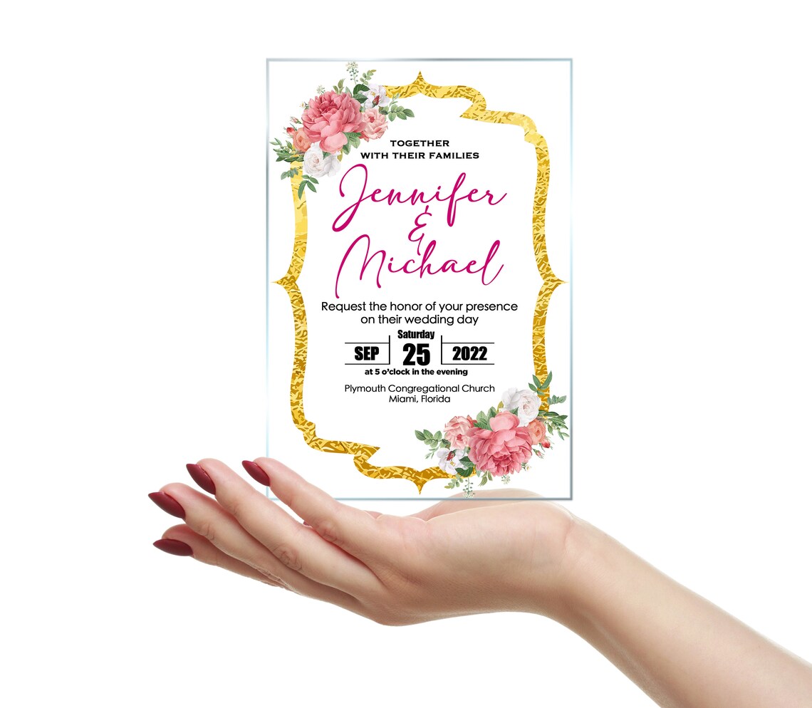 Wedding Invitation Flowers With Gold Frame Invitation - Etsy