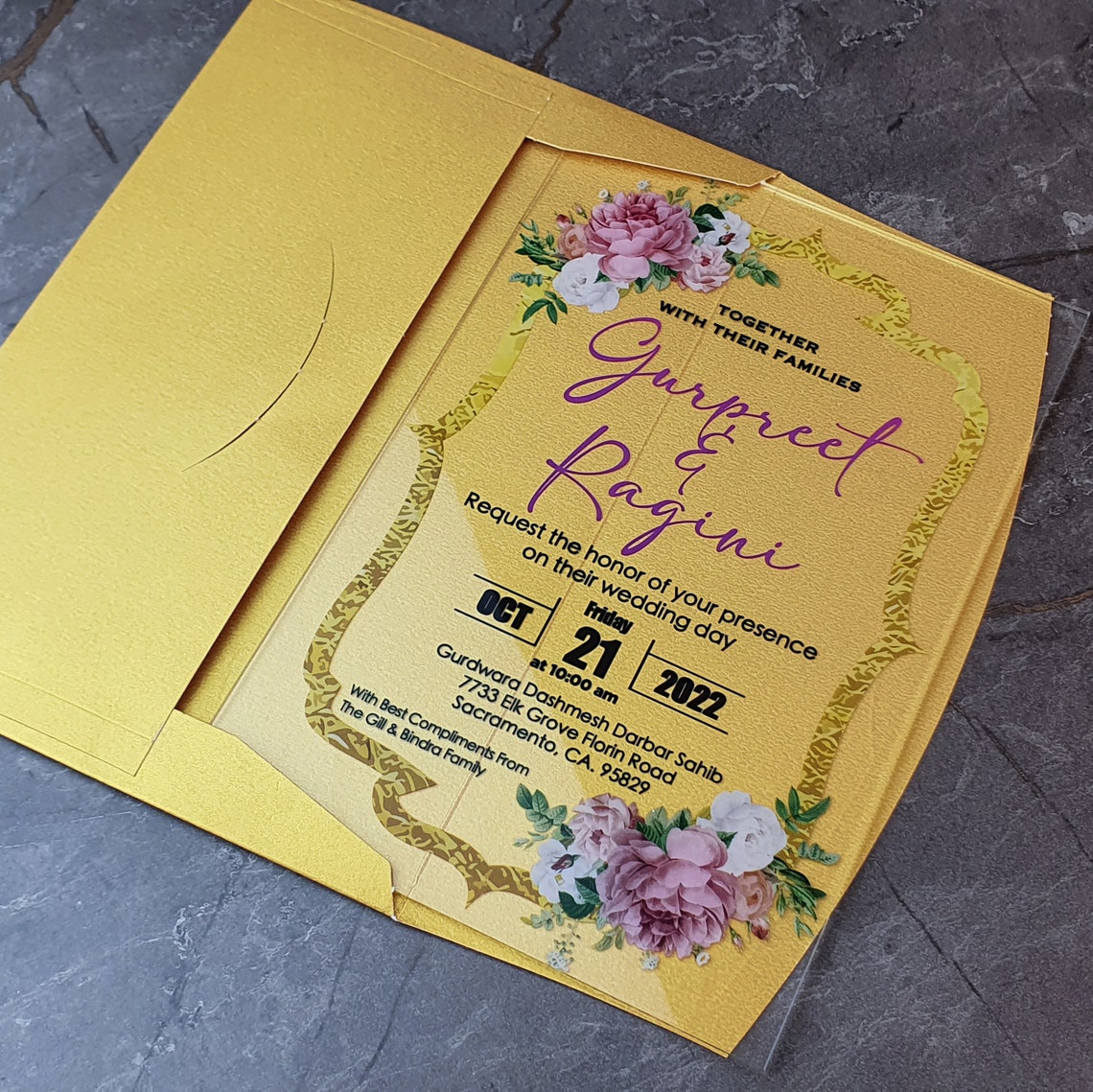 Wedding Invitation Flowers With Gold Frame Invitation - Etsy