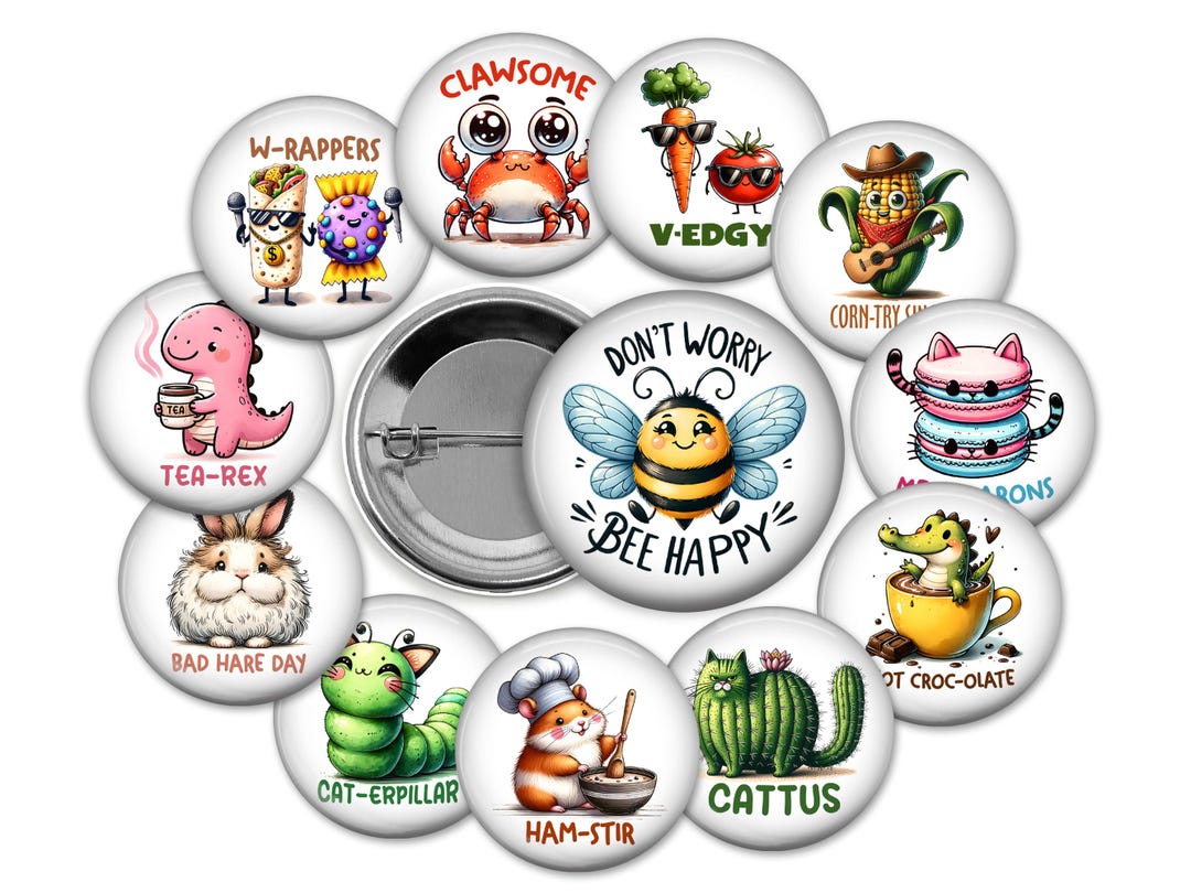 Funny Animal and Vegetable Pins, Button Flat Back, Party Favors, DIY ...