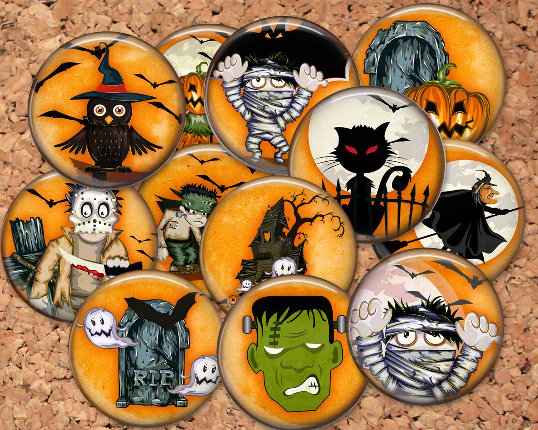 Halloween Buttons, Pins, Flat Backs or Magnets lot of 12 or 20, Party ...