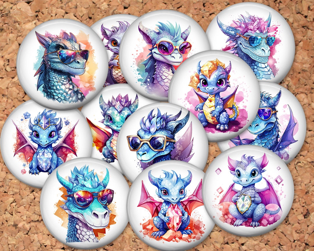 Cool Dragons Buttons, Pins, Flat Back or Magnet lot of 12 or 20, Magic ...