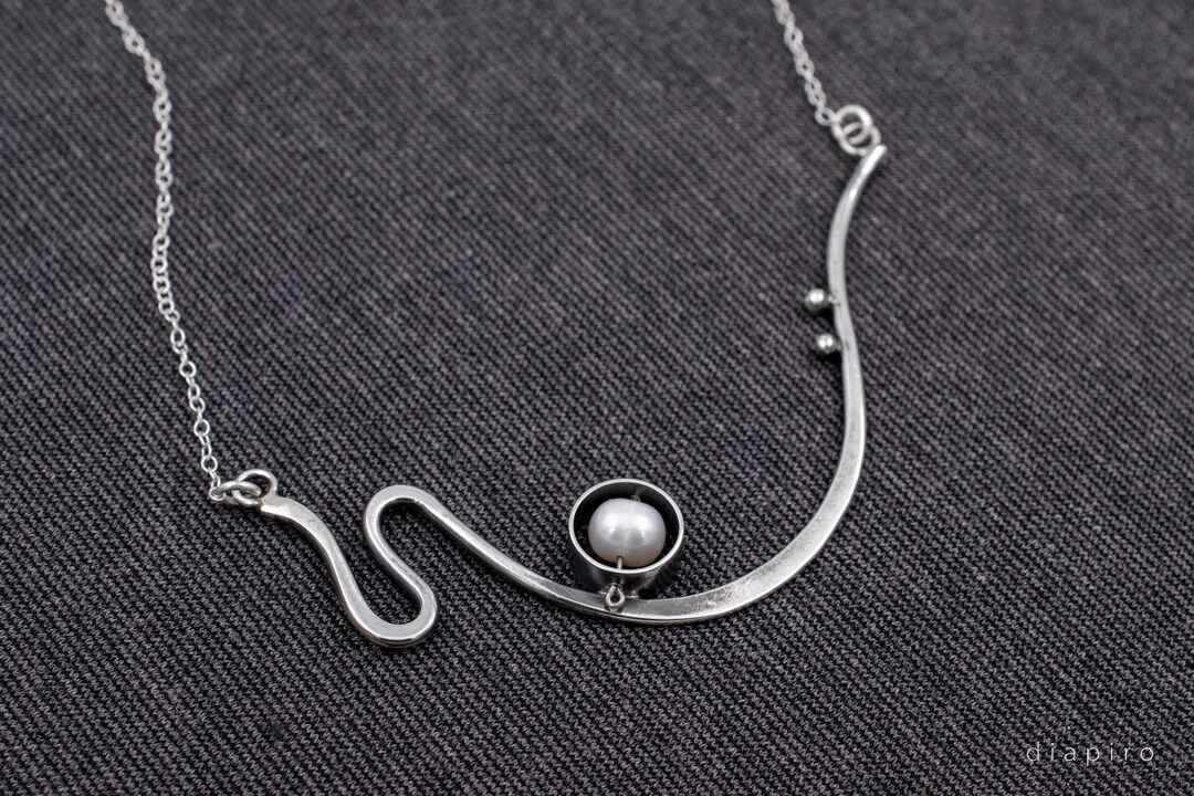 Abstract Silver Curved Necklace With Pearl - Etsy