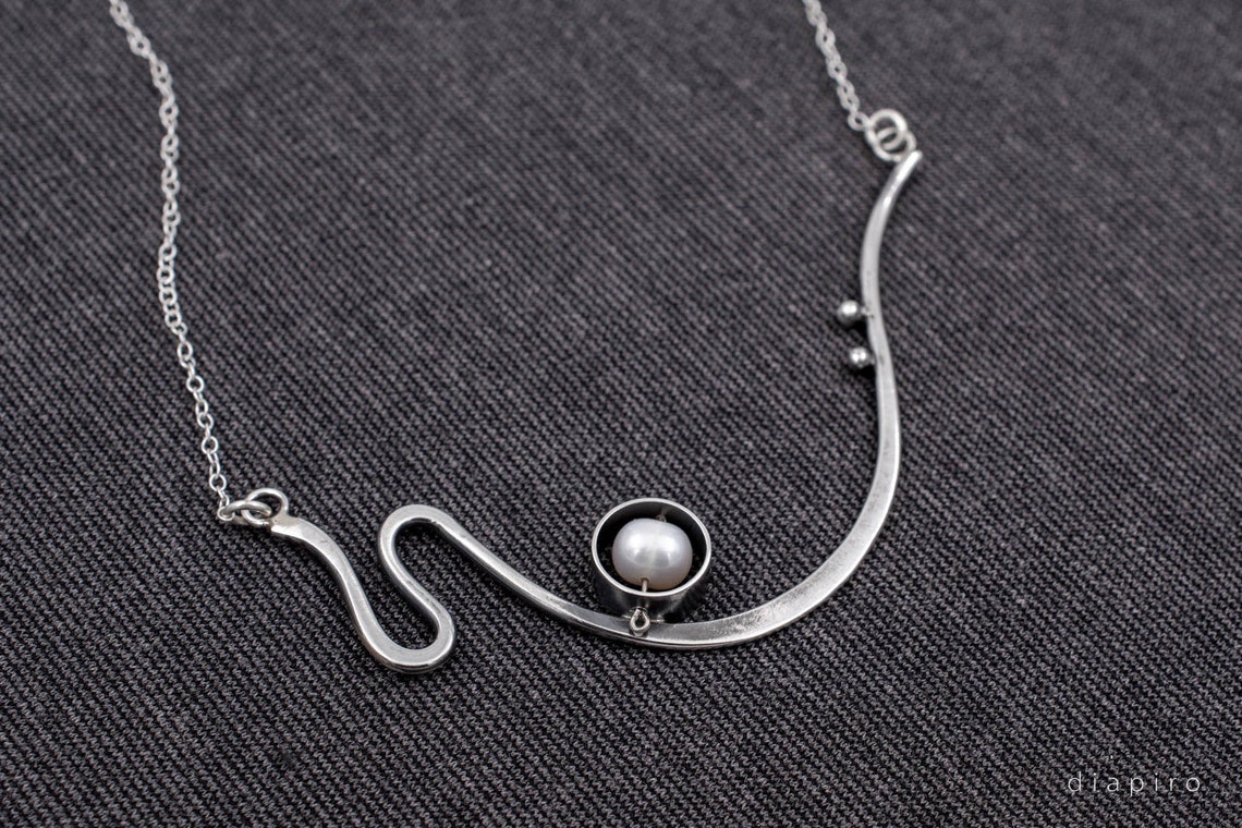 Abstract Silver Curved Necklace With Pearl - Etsy