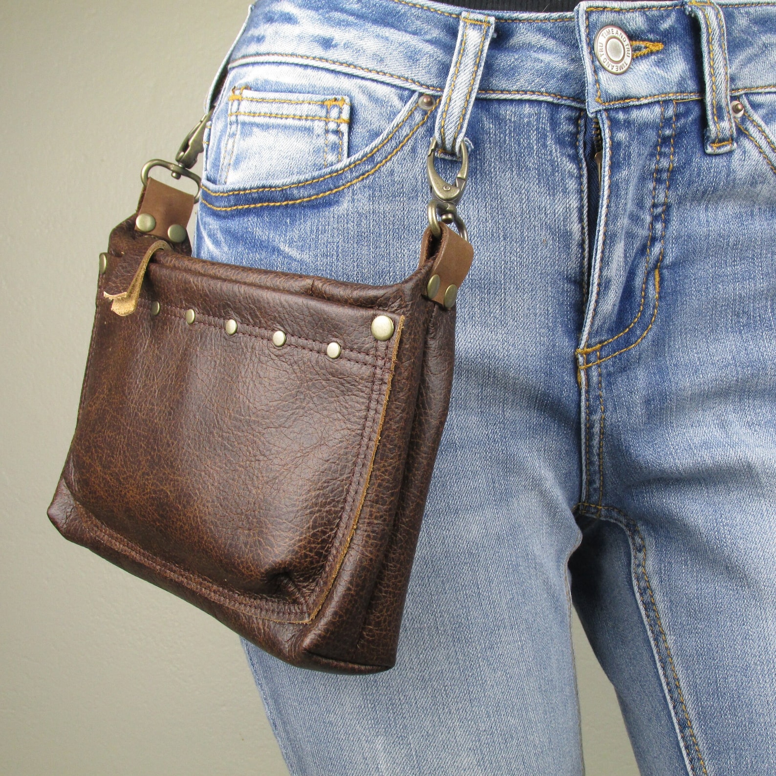 Brown Leather Hip Bag With Studs, Small Convertible Crossbody Purse ...