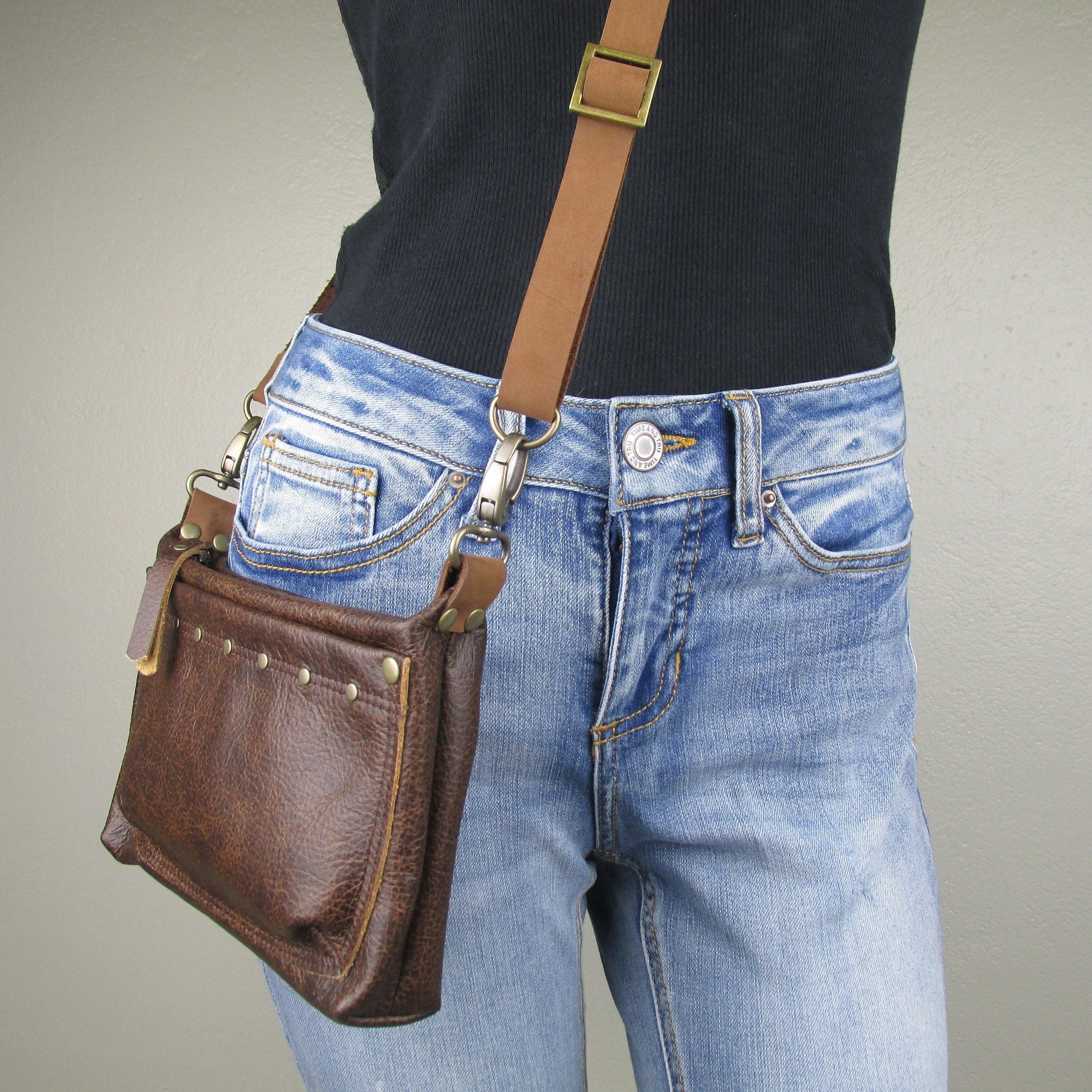 Brown Leather Hip Bag With Studs, Small Convertible Crossbody Purse ...