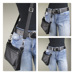 Men's or Women's Black Leather Hip Bag, Small Convertible Crossbody ...