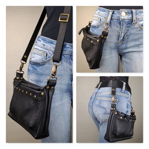 Black Leather Hip Bag With Studs, Small Convertible Crossbody Purse ...