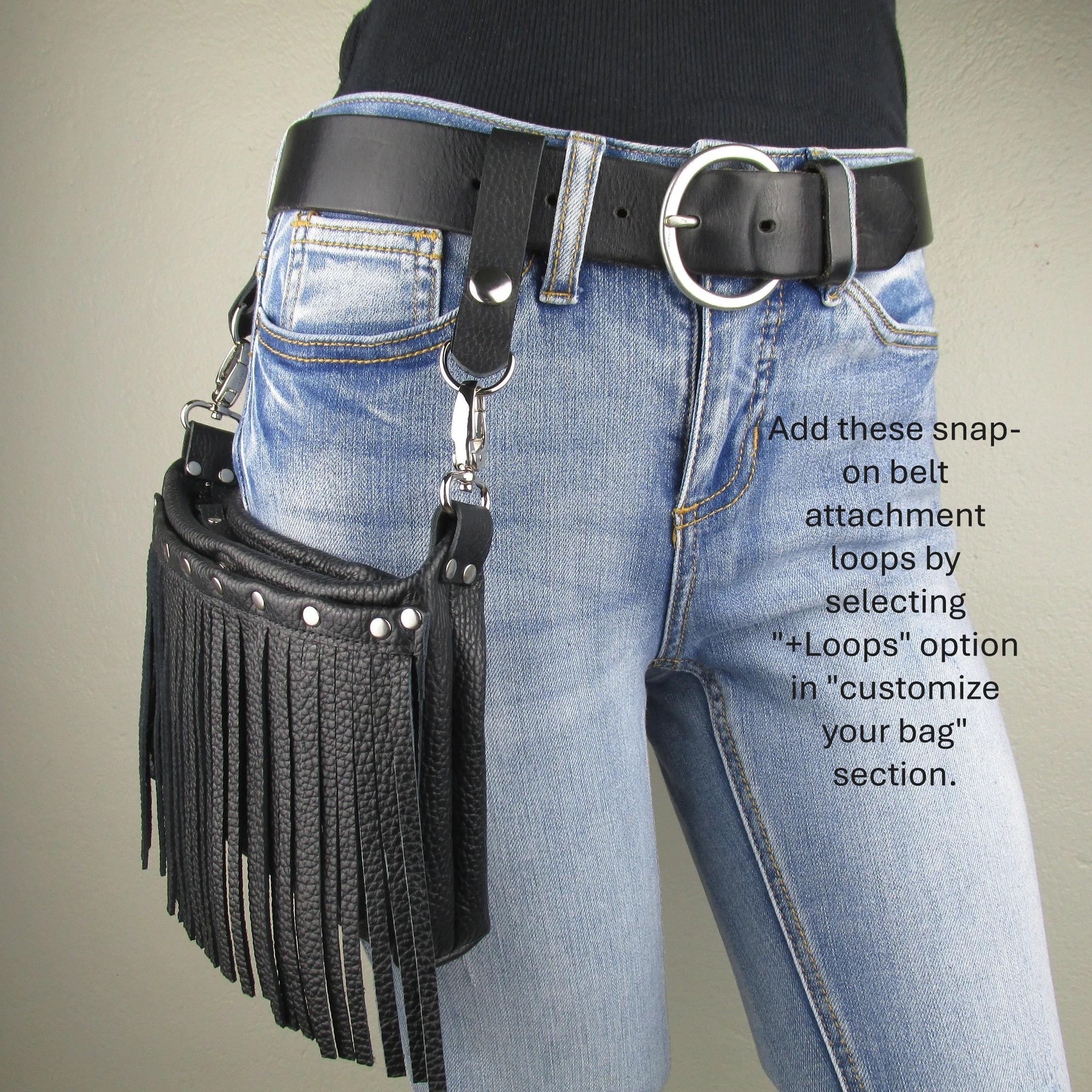 Women's Black Leather Hip Bag, Studded, Fringe, Boho Crossbody, Hip ...