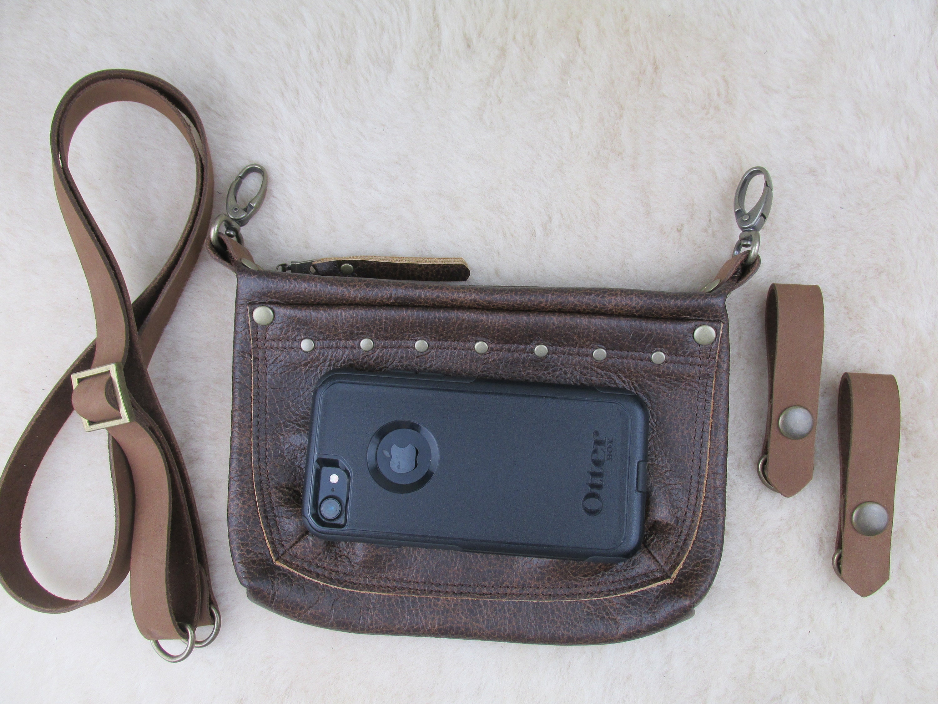 Brown Leather Hip Bag With Studs, Small Convertible Crossbody Purse ...