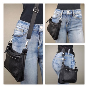 Black Leather Hip Bag With Studs, Small Convertible Crossbody Purse ...
