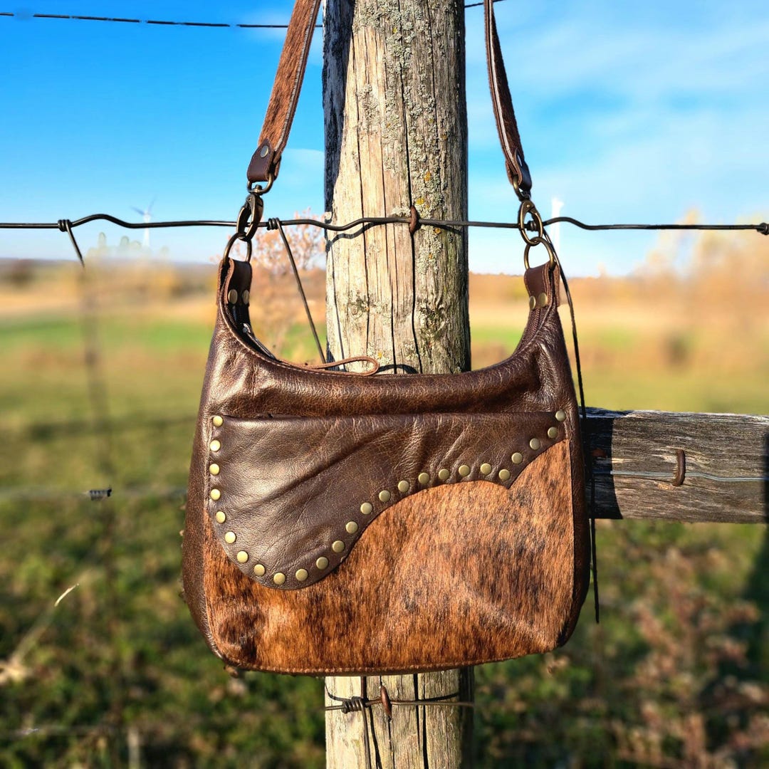 Womens Brown Leather Purse Cowgirl Shoulder Bag Hair on Cowhide Raw ...