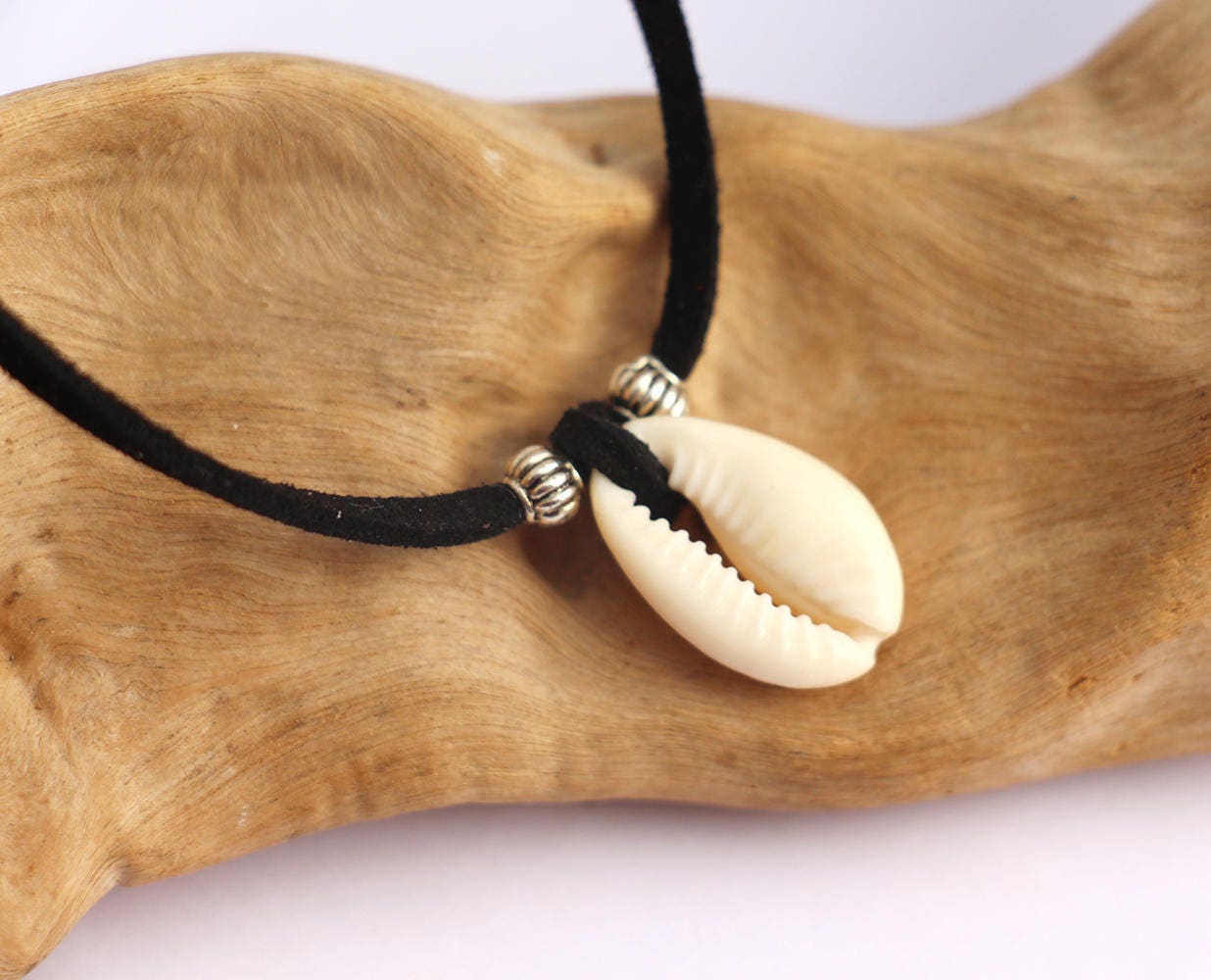 Black Leather and Cowrie Shell Necklace - Leather Lace Necklace ...