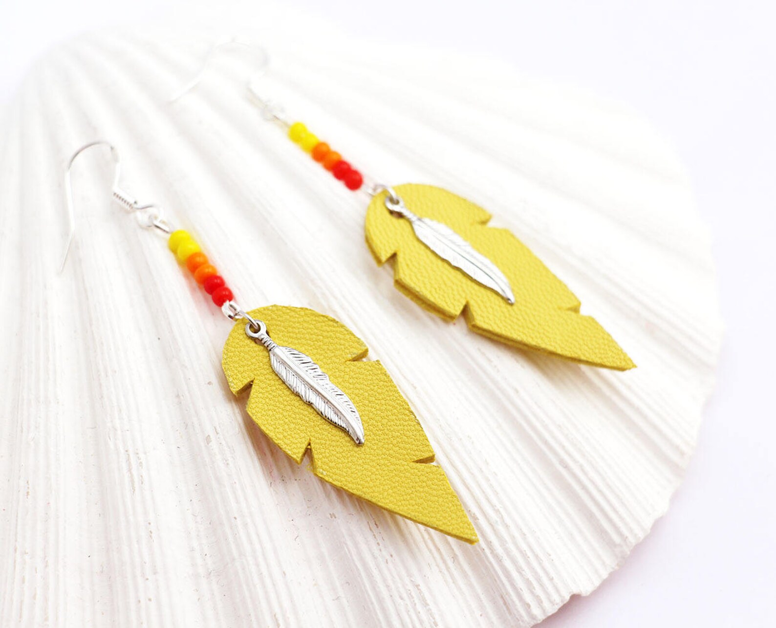 Genuine Leather Feathers Earrings Yellow Leather Jewellery - Etsy