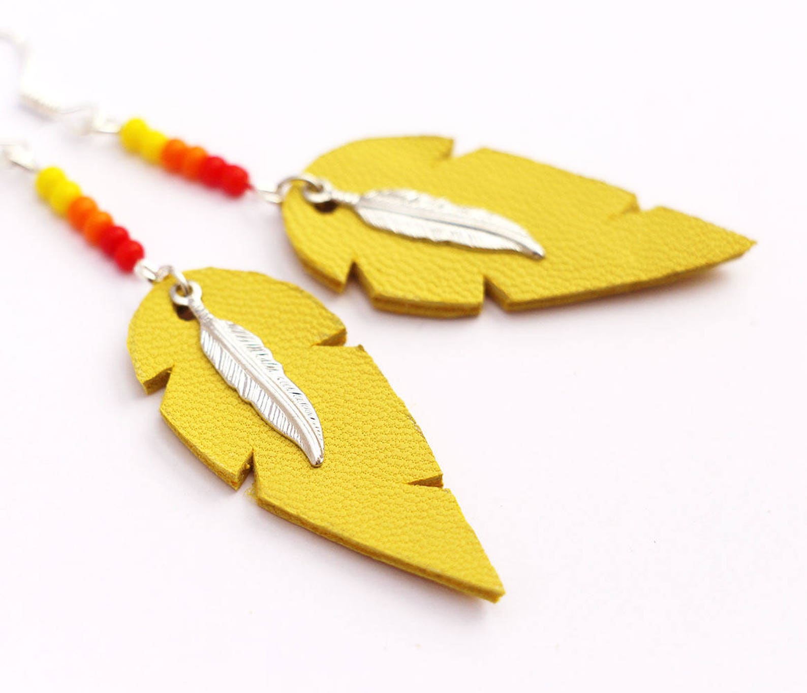 Genuine Leather Feathers Earrings Yellow Leather Jewellery - Etsy