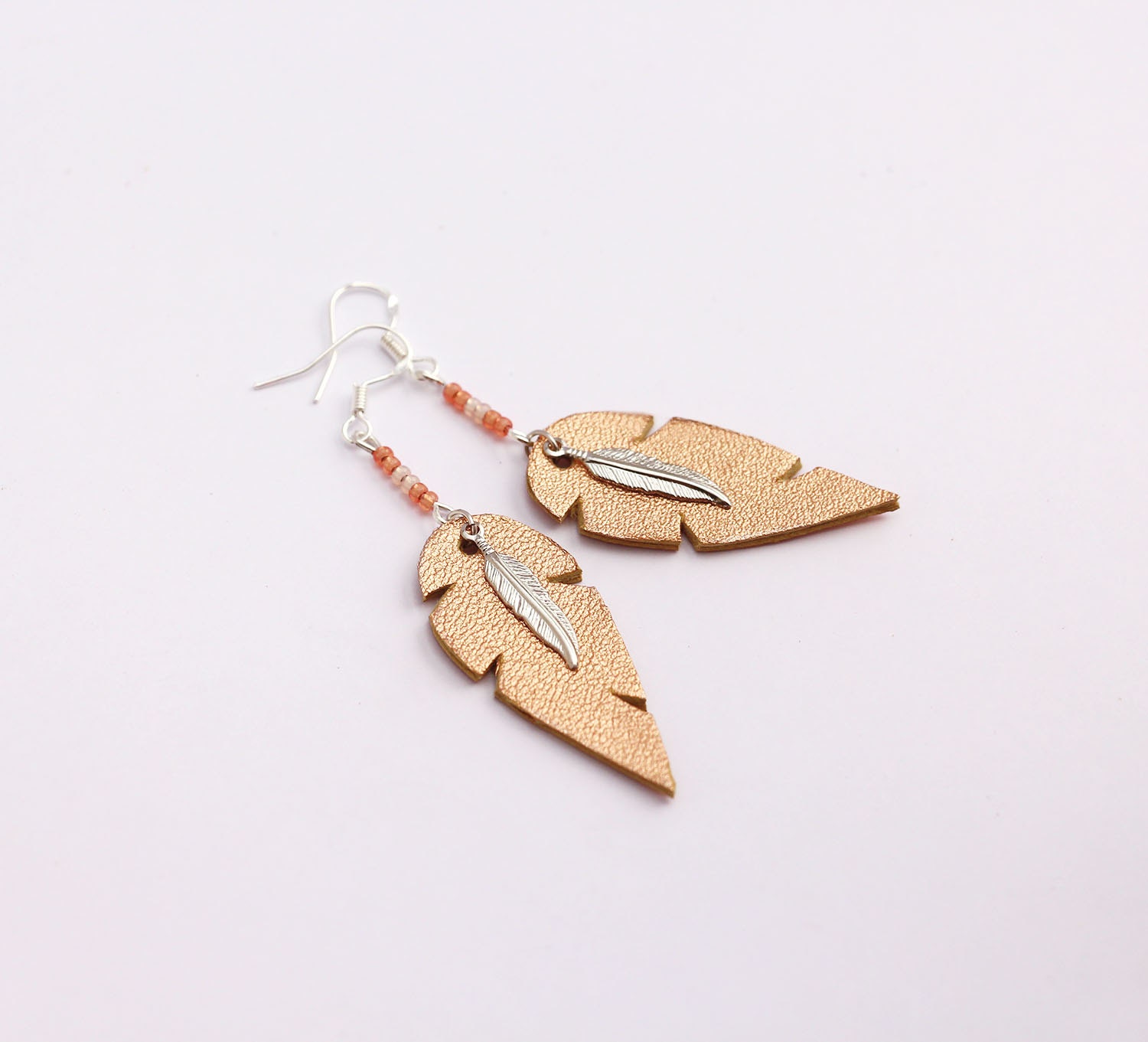 Genuine Leather Feathers Earrings Salmon Gold Leather - Etsy