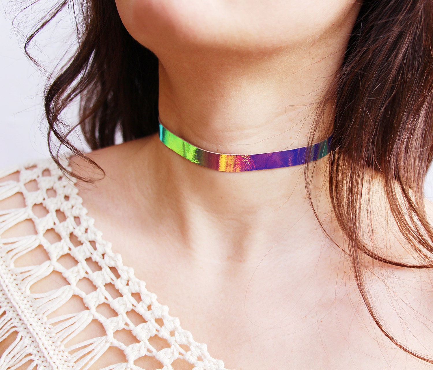 Leather choker necklace minimalist necklace holographic | Etsy