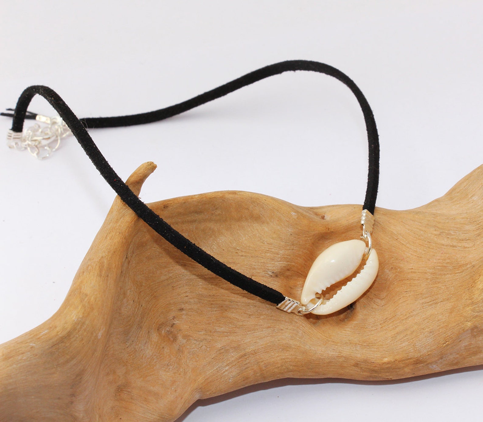 Black Leather and Cowrie Shell Necklace - Leather Lace Necklace ...
