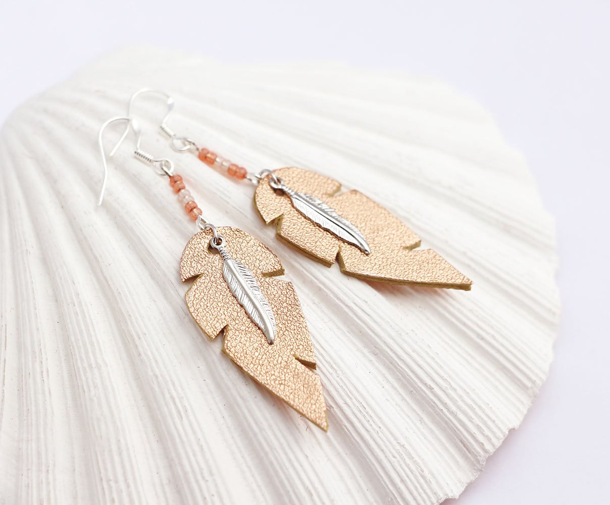 Genuine Leather Feathers Earrings Salmon Gold Leather - Etsy