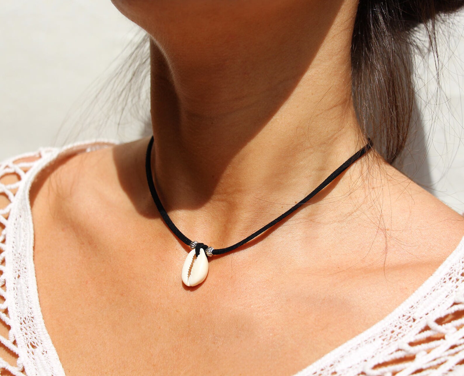 Black Leather and Cowrie Shell Necklace - Leather Lace Necklace ...
