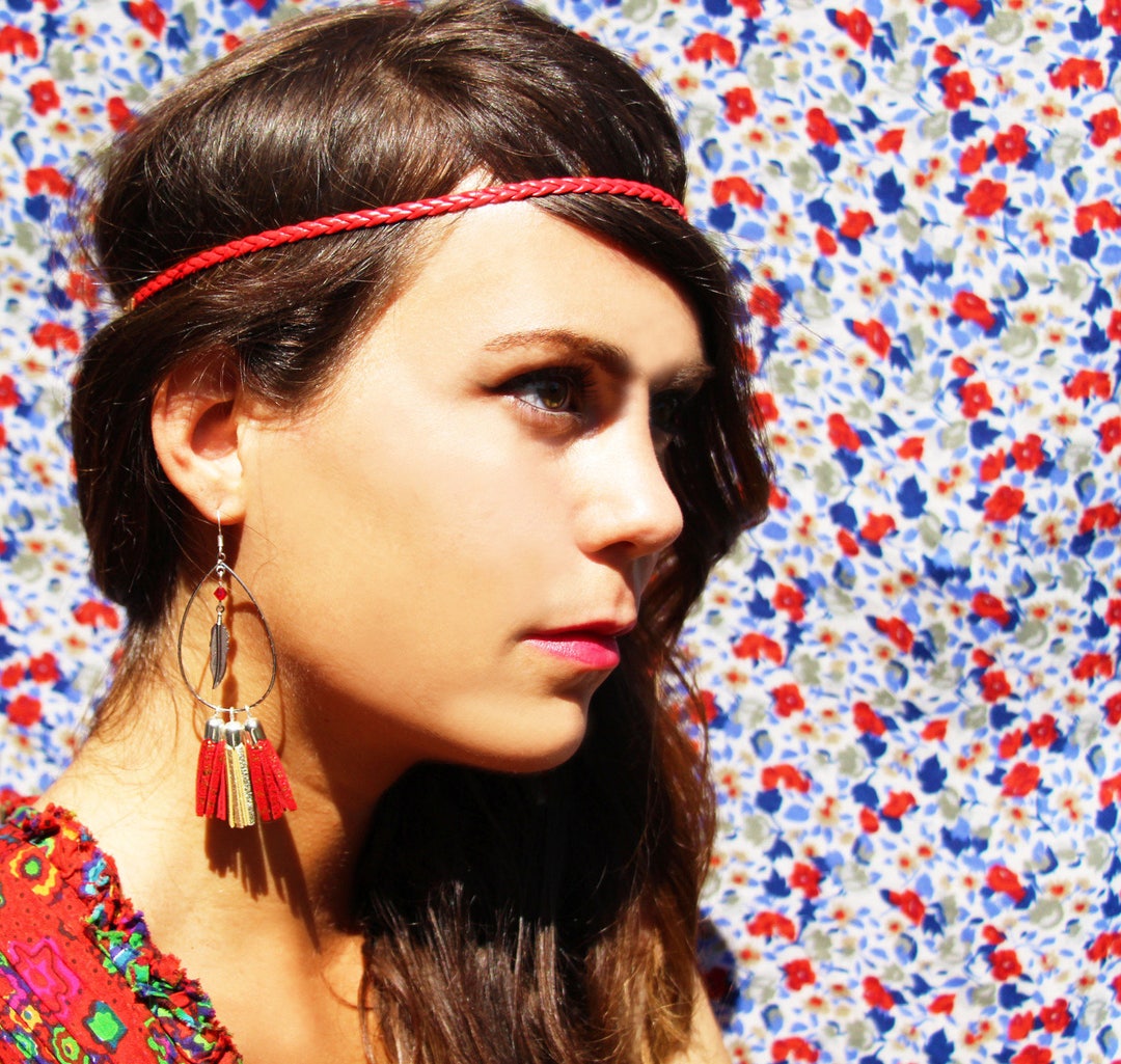 Headband "gipsy" - Headband - Red Faux Leather Braided - Black Elastic ...