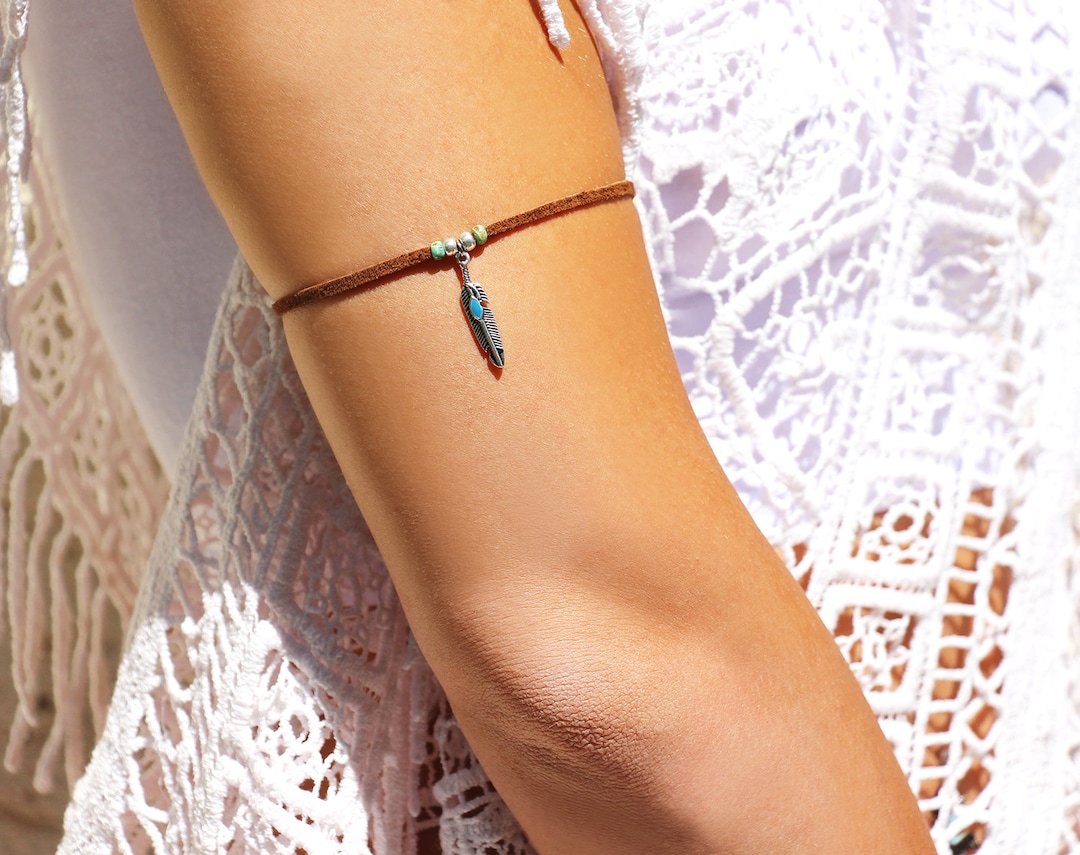 Arm Bracelet - Brown Leather Bracelet - Silver Feather Arm Bracelet ...