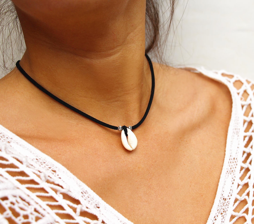 Black Leather and Cowrie Shell Necklace - Leather Lace Necklace ...