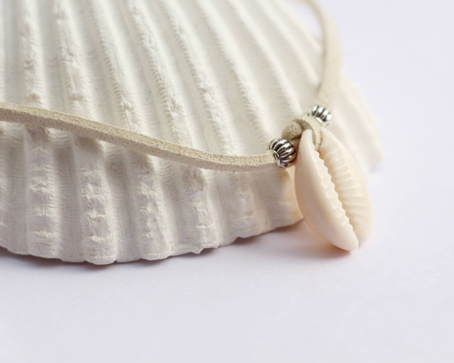 White Leather and Cowrie Shell Necklace - Leather Lace Necklace ...