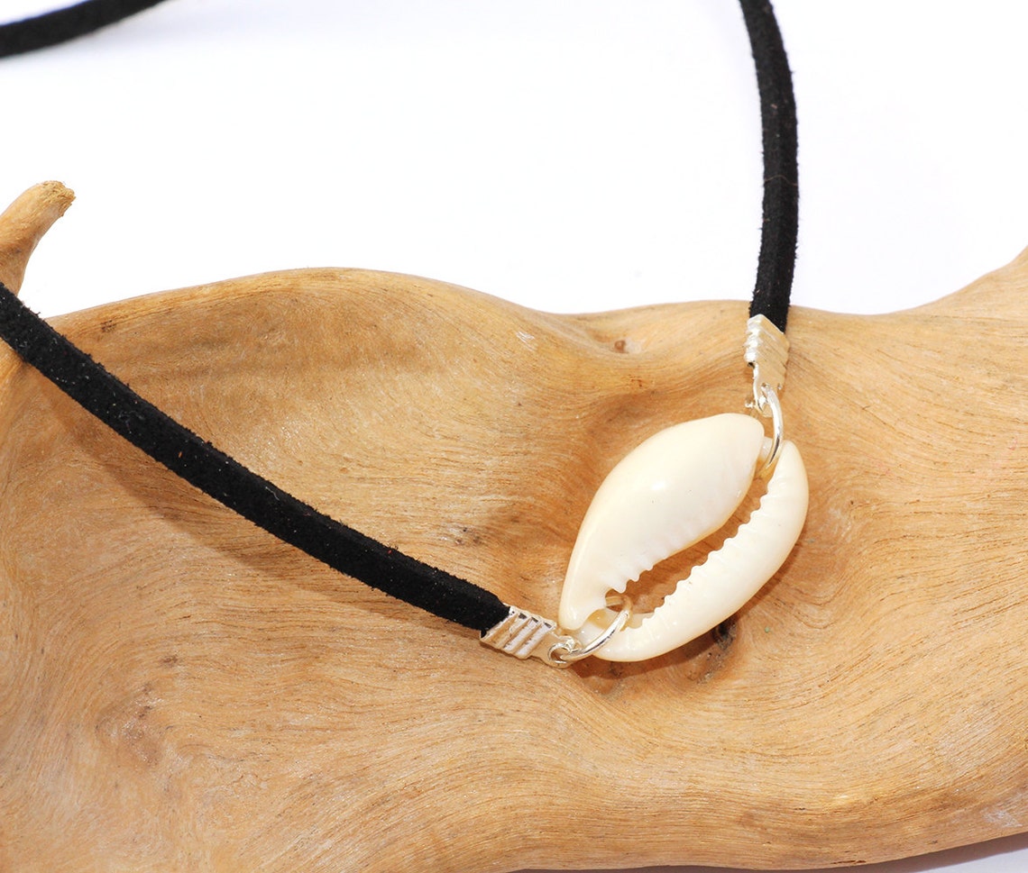 Black Leather and Cowrie Shell Necklace Leather Lace Necklace Choker ...