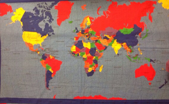 Hemmed World Map Fabric Panel OOP - Etsy