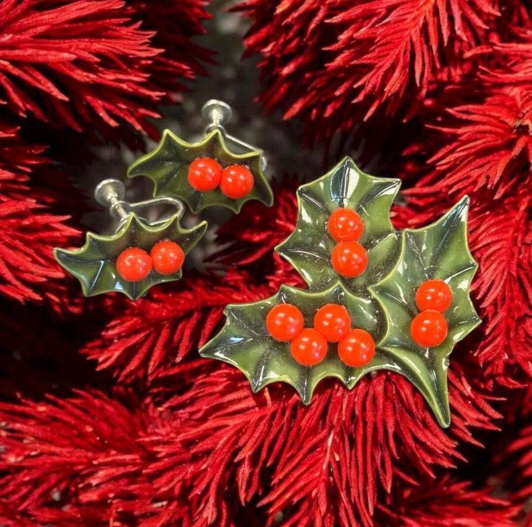 VINTAGE 1950s Celluloid Christmas Holly Brooch Pin Earring Set Lot - Etsy