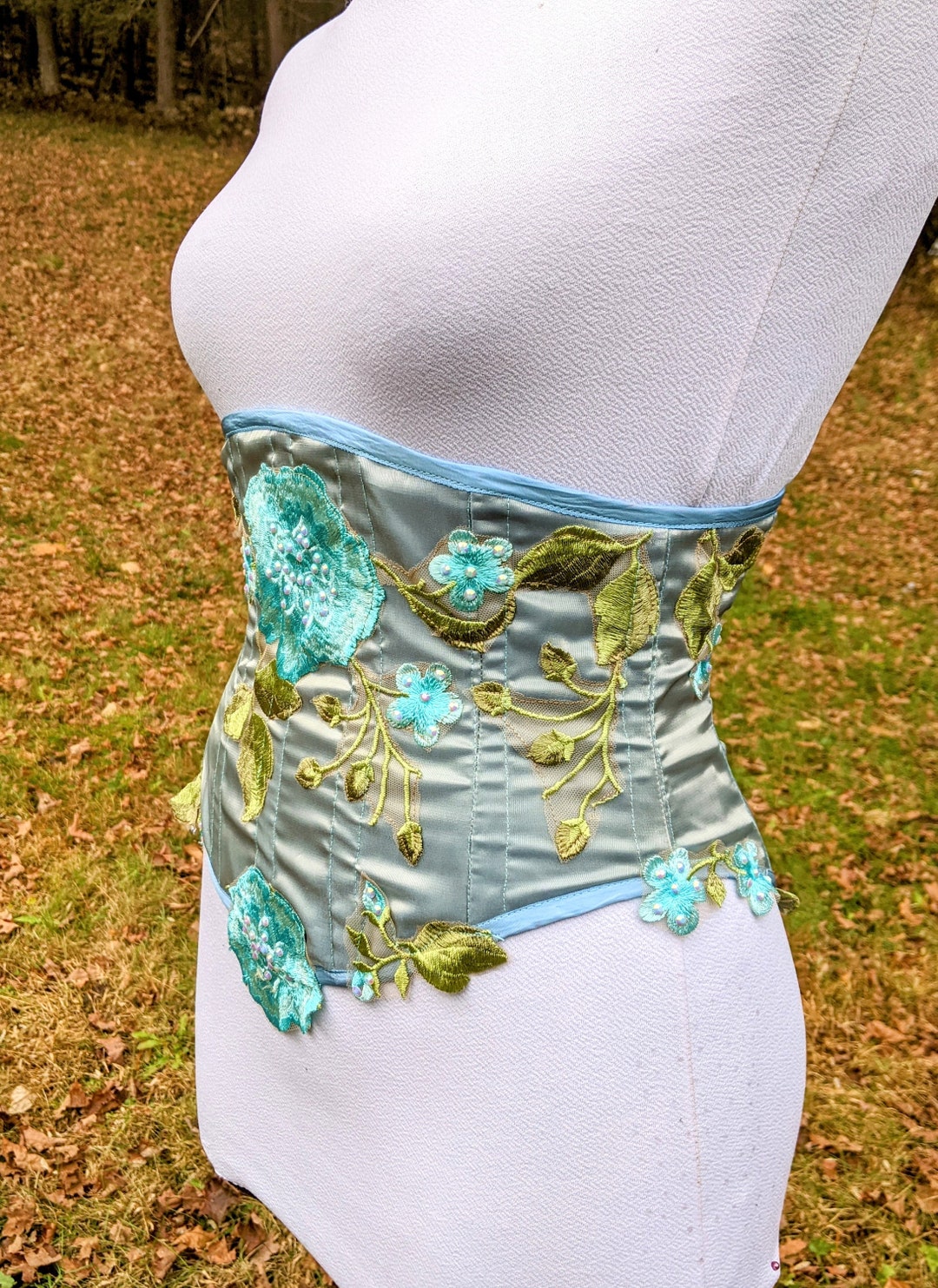 Blue Flower Corset, Embroidered Corset, Floral Corset, Under Bust ...