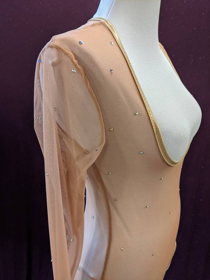 Belly Dance Costume, Burlesque Costume, Nude Mesh Bodysuit, Rhinestone ...