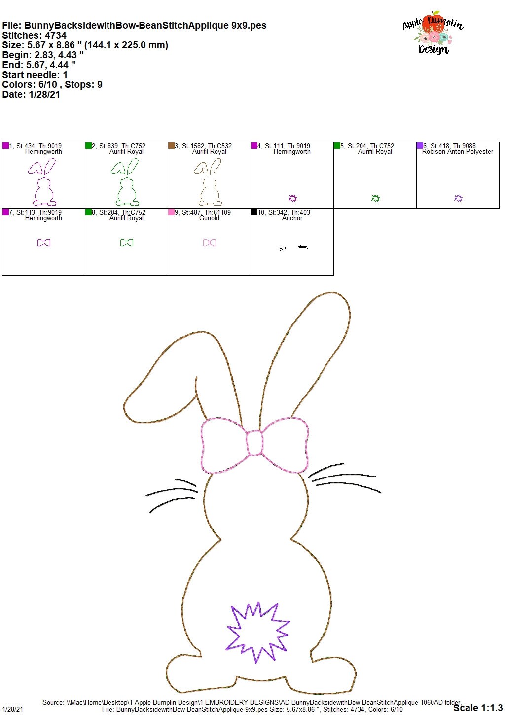 Bunny Backside With Bow, Bean Stitch, Applique Design, Machine ...