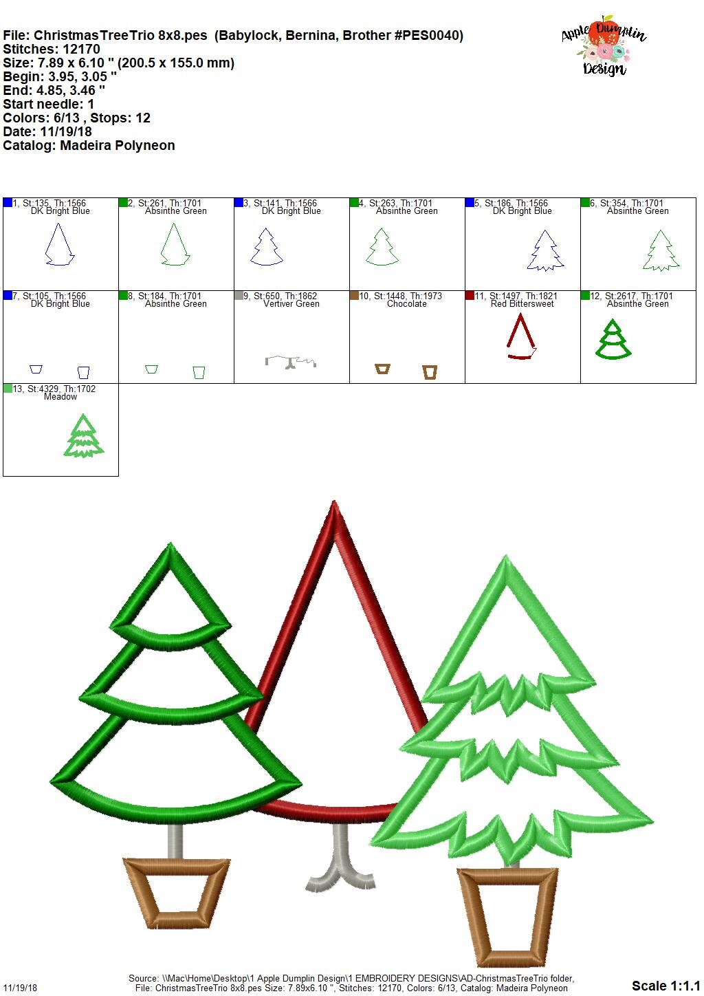 Christmas Tree Trio, Applique Design, Machine Embroidery, Instant ...