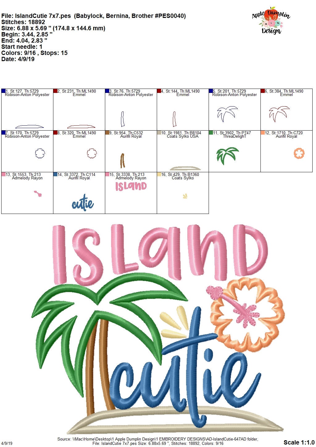 Island Cutie, Applique Design, Instant Download, 4x4, 5x5, 6x6, 7x7 ...