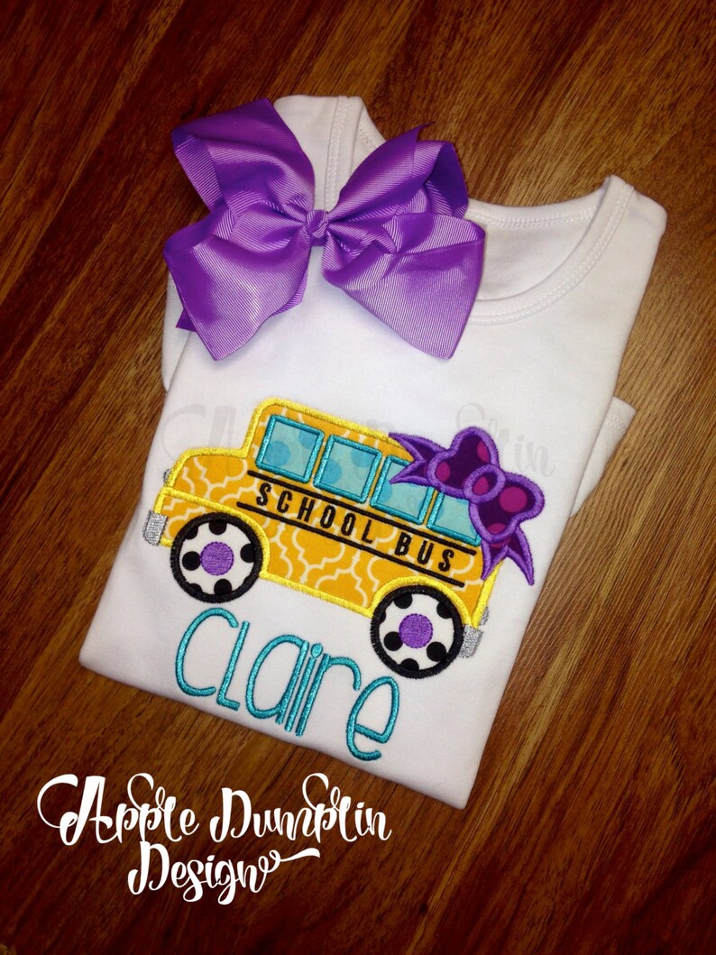 School Bus with Bow Applique Design Machine Embroidery | Etsy