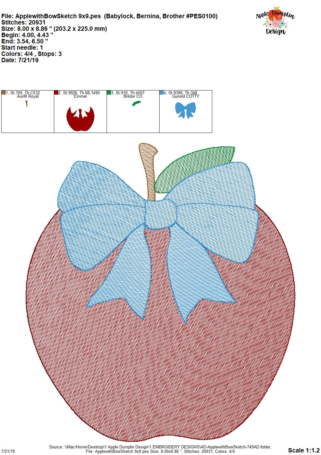 Apple With Bow Sketch Embroidery Design Back to School Boy - Etsy