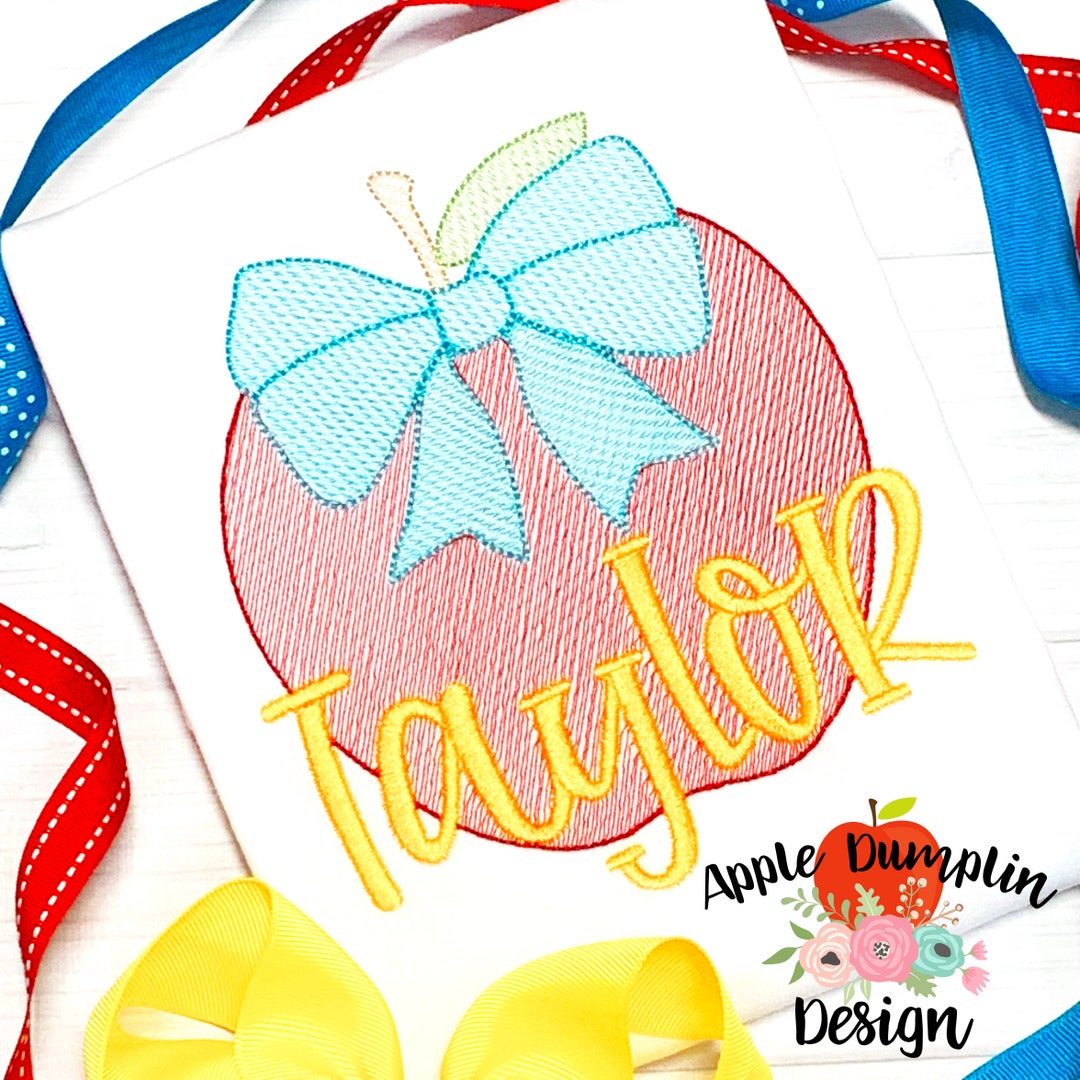 Apple With Bow, Sketch Embroidery Design, Back to School, Boy ...