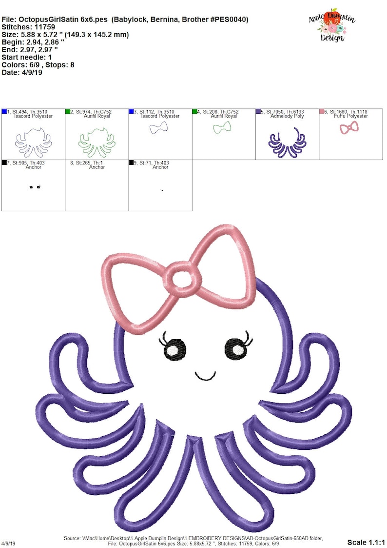 Octopus With Bow, Applique Design, Instant Download, 4x4, 5x5, 6x6, 7x7 ...