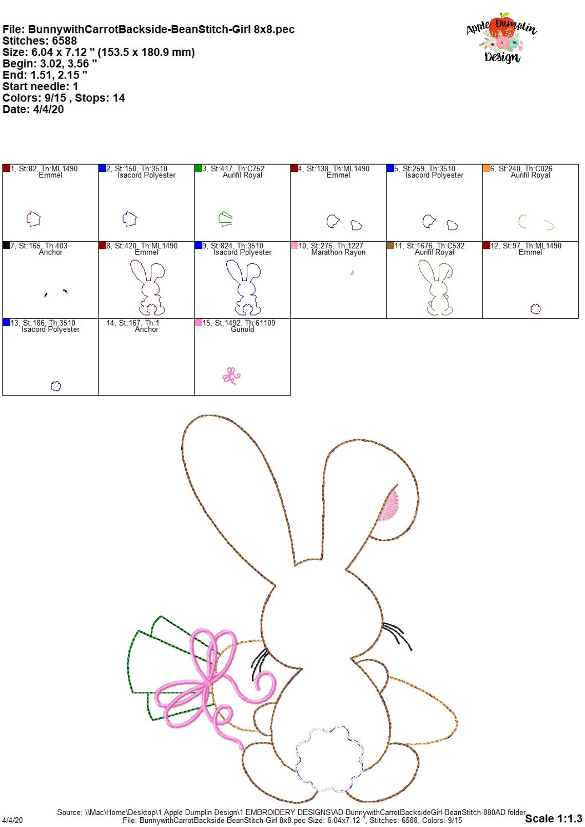 Bunny With Bow Backside, Bean Stitch, Applique Design, Machine ...