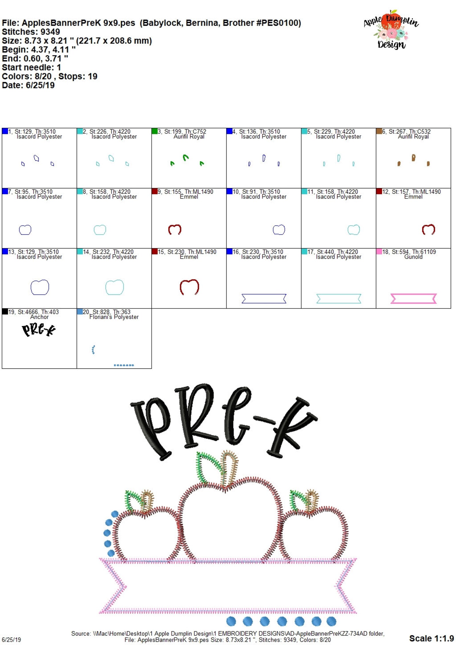 Pre-k, Apples With Banner, Zigzag, Applique Design, Embroidery Design ...