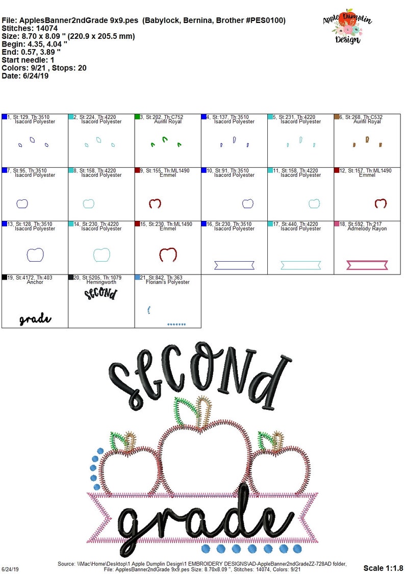 Second Grade Apples With Banner Zigzag Applique Design - Etsy