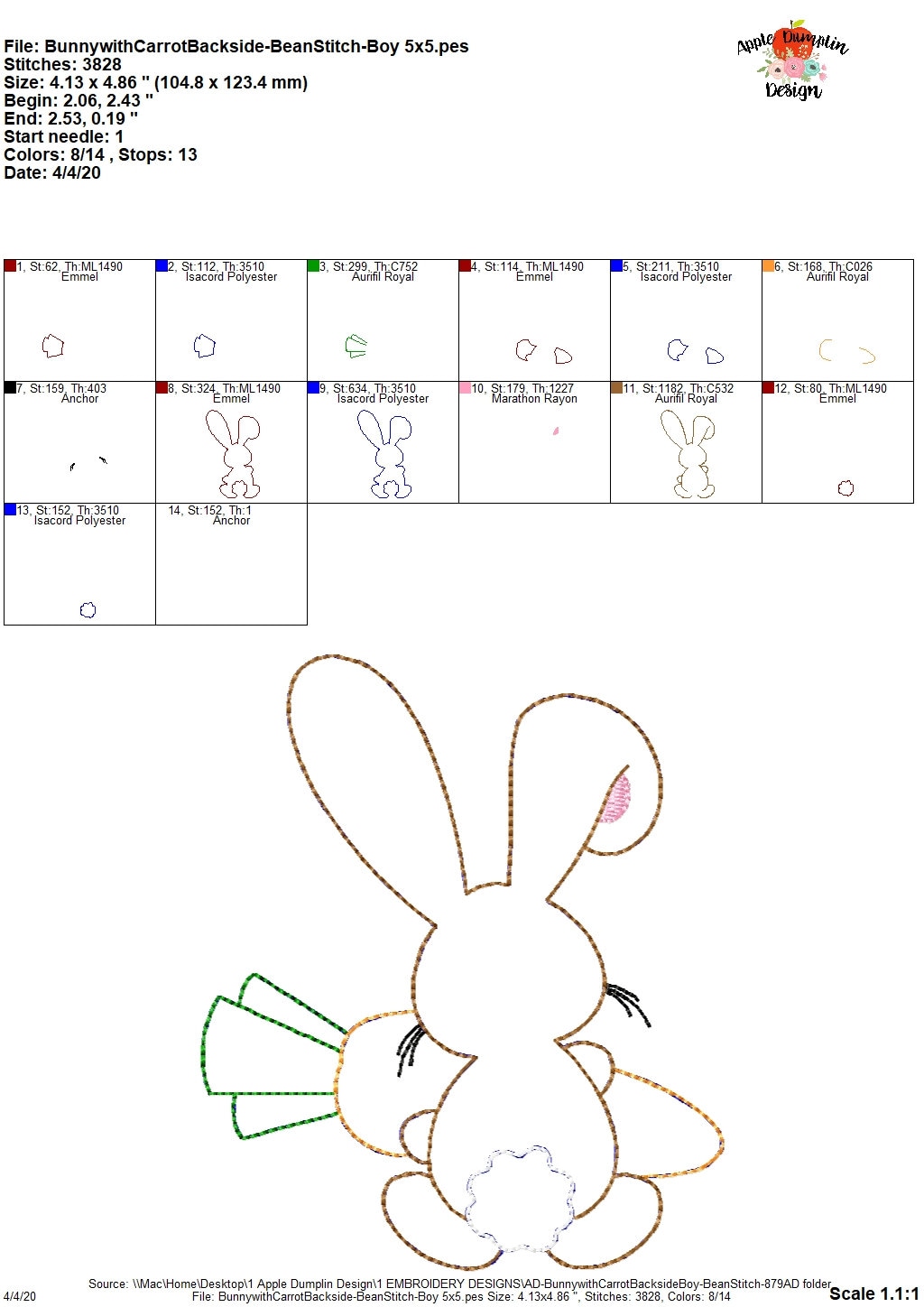 Bunny Backside, Bean Stitch, Applique Design, Machine Embroidery, Instant Download, Easter ...