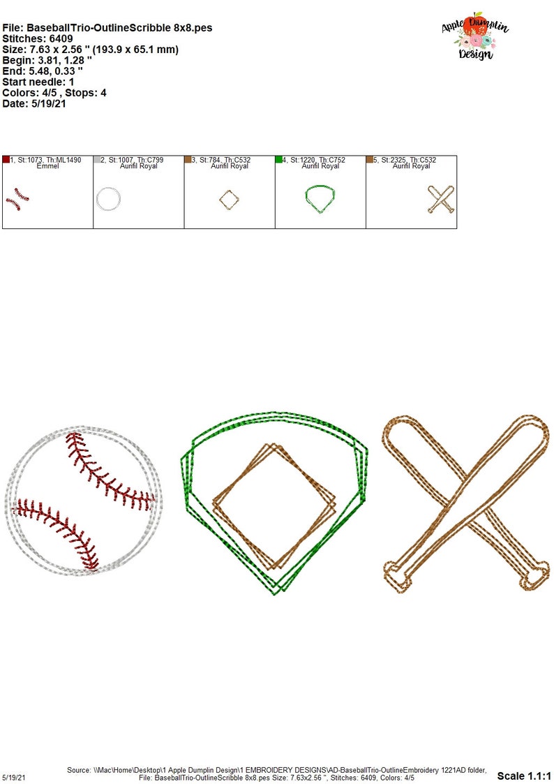 Baseball Trio Outline Embroidery Design Scribble Embroidery - Etsy