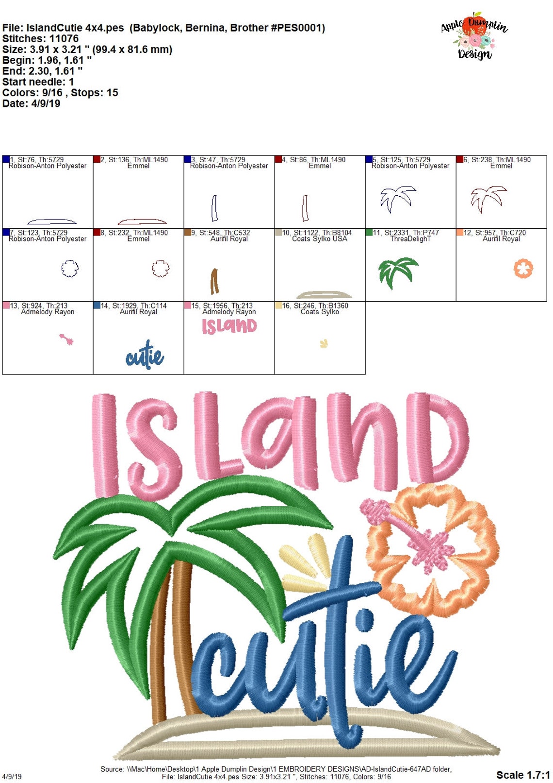 Island Cutie, Applique Design, Instant Download, 4x4, 5x5, 6x6, 7x7 ...