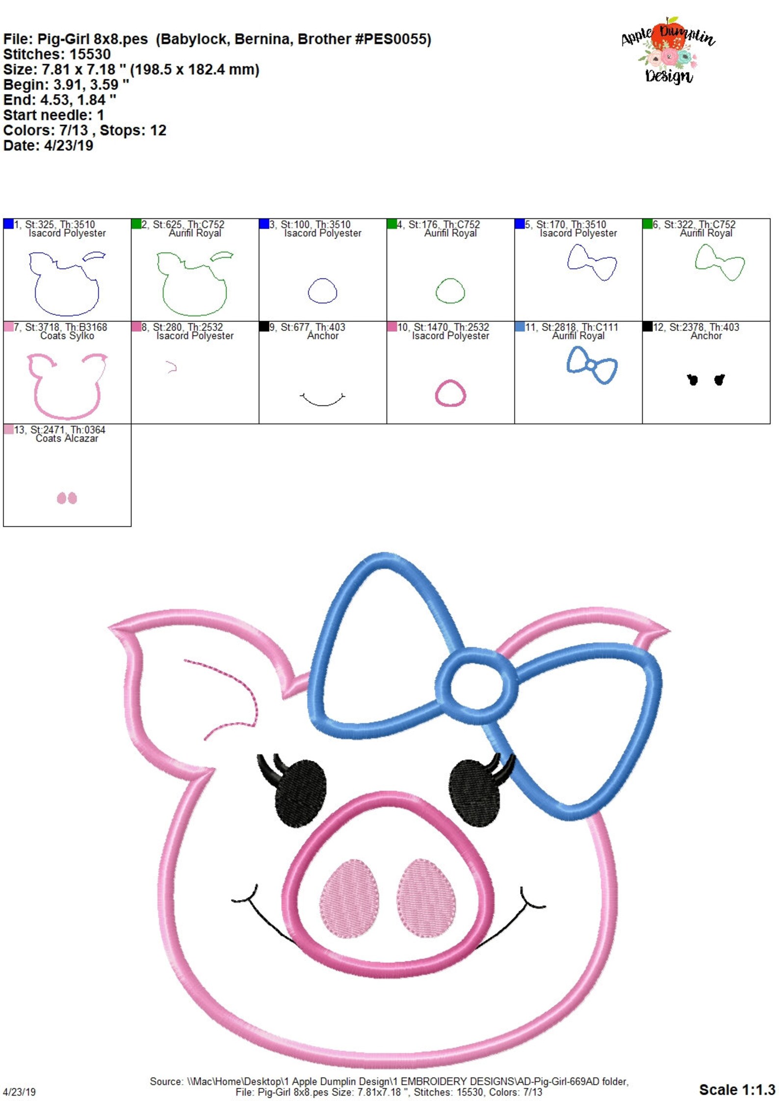 Pig With Bow, Applique Design, Instant Download, 4x4, 5x5, 6x6, 7x7 ...