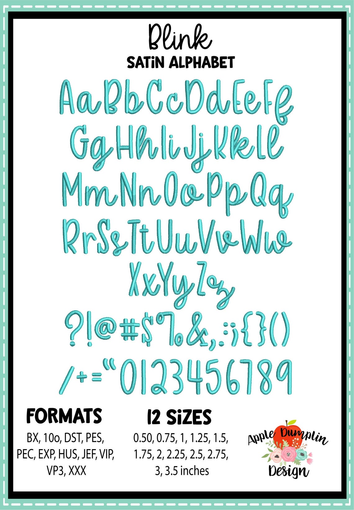 12 Sizes, Blink, Satin, Embroidery Font, Script Font , Satin Font, BX ...