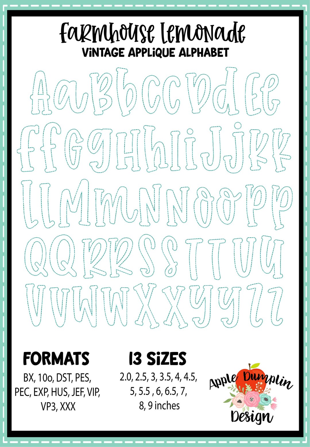 13 Sizes, Farmhouse Lemonade Vintage Applique Alphabet, Bean Stitch ...