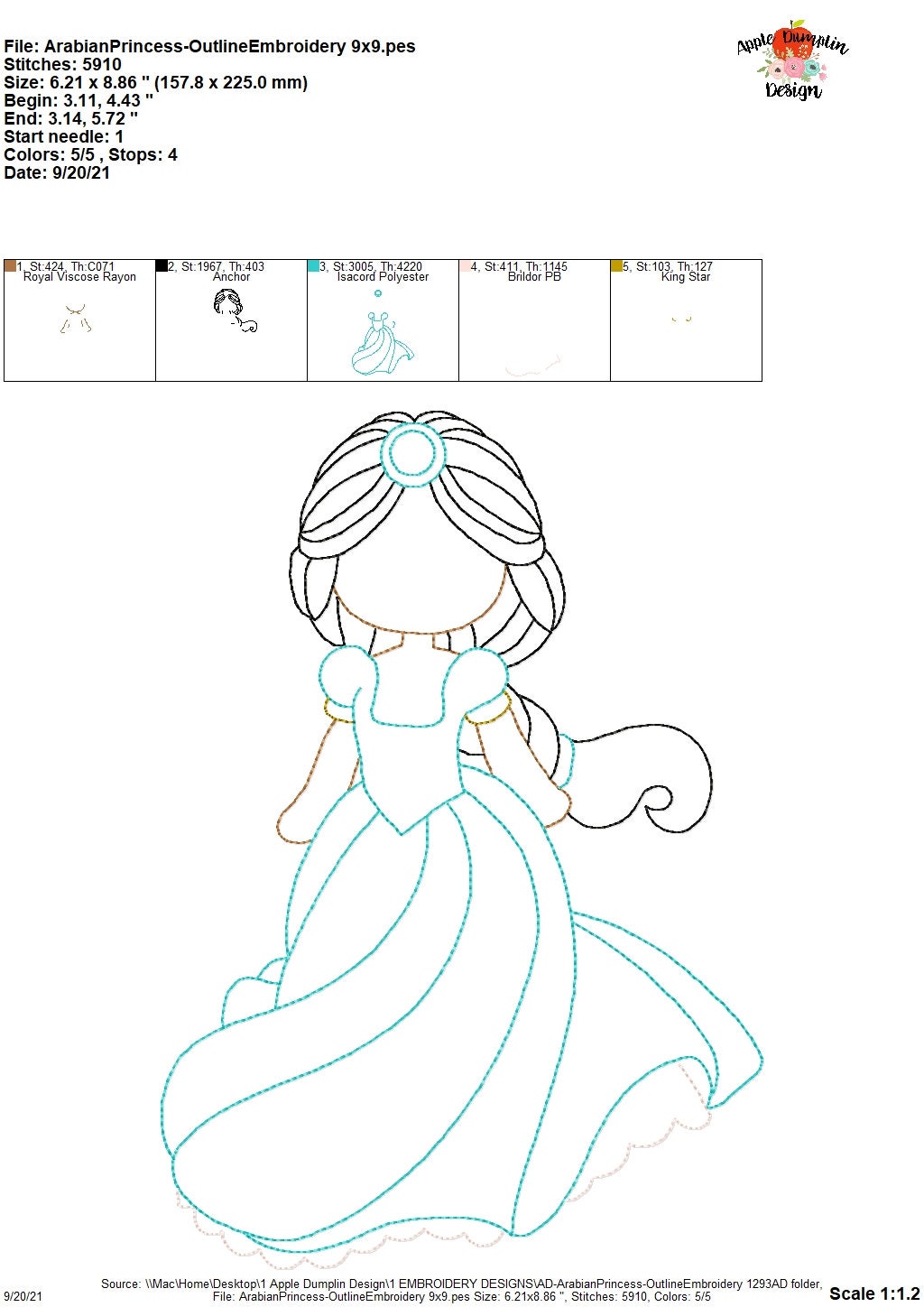 Arabian Princess Outline Embroidery Vintage Embroidery - Etsy