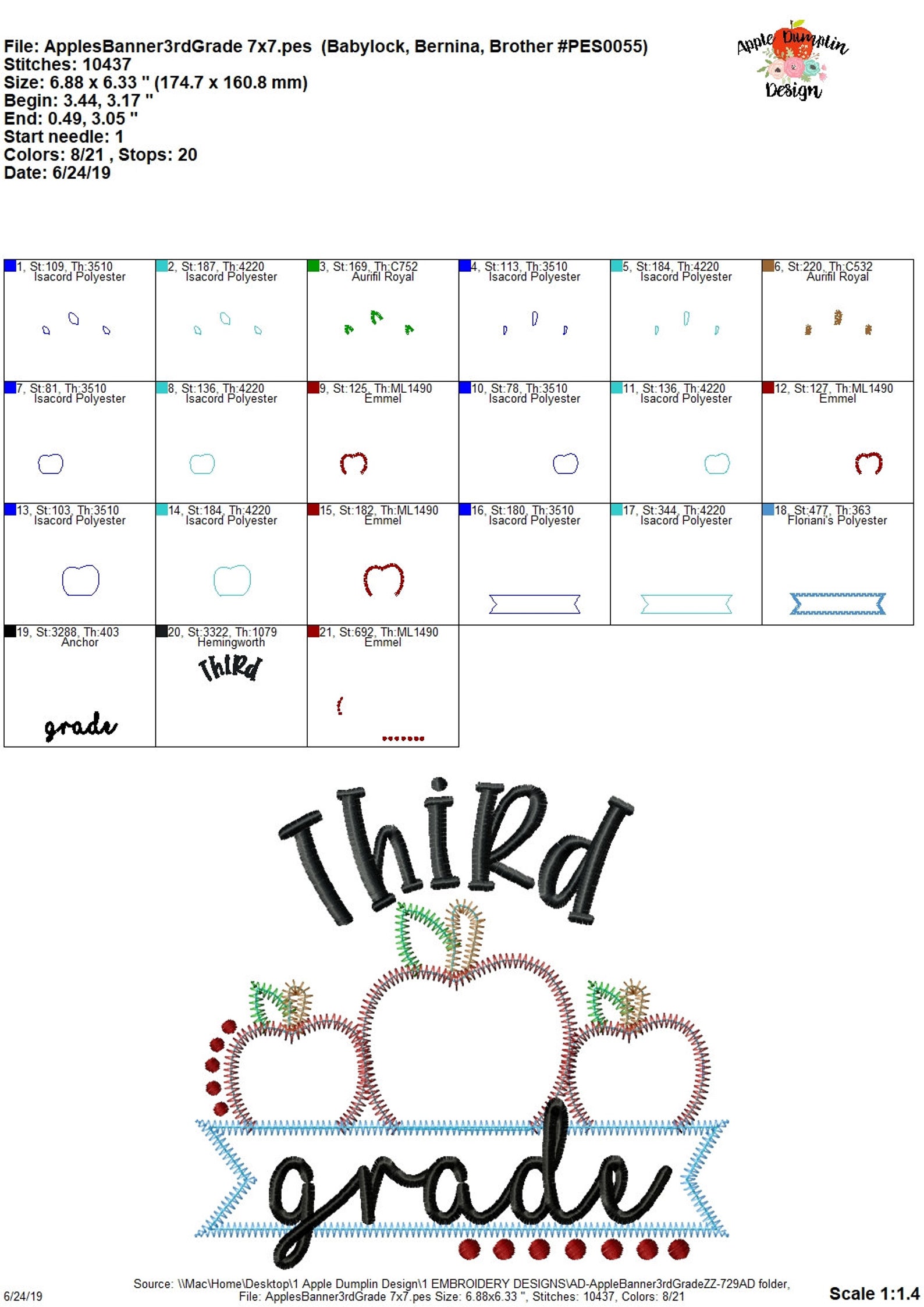 Third Grade Apples With Banner Zigzag Applique Design - Etsy